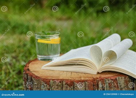 Open Book Near Glass Of Water With Mint And Lemon On Tree Stump Outdoors Stock Photo Image Of