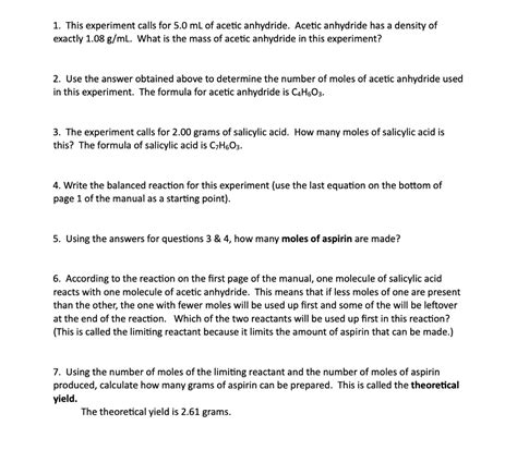 This Experiment Calls For 50 Ml Of Acetic Anhydride Acetic Anhydride Has A Density Of Exactly