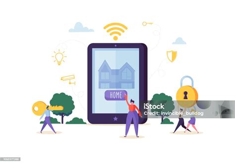 스마트 하우스 기술 개념입니다 사람들이 문자 Sequrity 및 태블릿에 모바일 응용 프로그램과 에너지 홈 제어 벡터 일러스트
