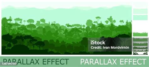 언덕에 울창한 정글 숲 키가 큰 나무의 실루엣 가로 구성 그림입니다 시차 효과로 이미지 접을 수 있는 솔리드 레이어입니다 벡터 2차 도형에 대한 스톡 벡터 아트 및 기타