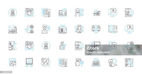 비즈니스 리더십 선형 아이콘이 설정되었습니다 비전 결단력 영감 탄력성 전략적 혁신적 창의적인 선 벡터 및 개념 기호 적응 가능 공감 협업 개요 삽화 개성 개념에 대한 스톡