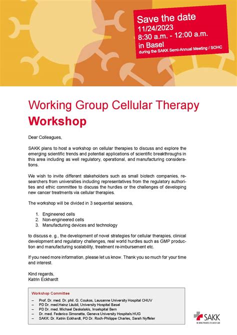 Save The Date Workshop Cellular Therapies 11 24 2023 Translational Research Centre In