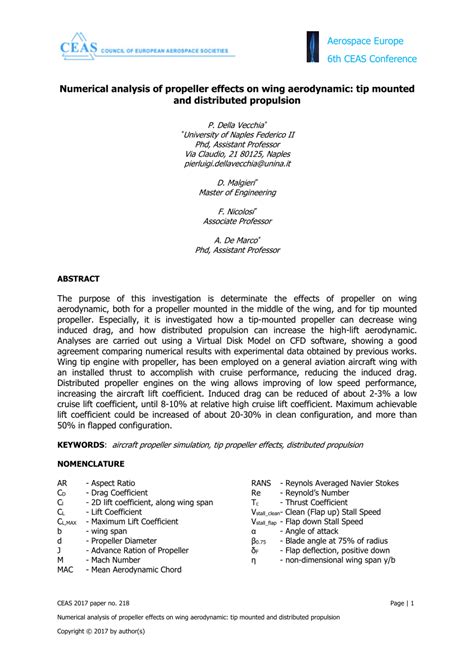 Pdf Numerical Analysis Of Propeller Effects On Wing Aerodynamic Tip Mounted And Distributed