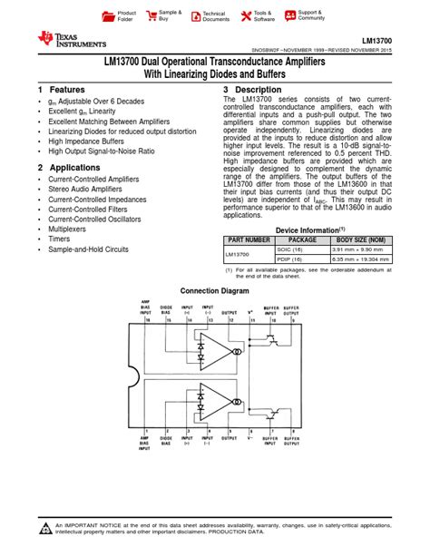 Lm13700 Datasheet Texas Instruments Dual Operational Transconductance Amplifiers