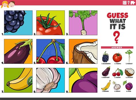 Adivinhação Cartoon Frutas E Legumes Jogo Educacional Ilustração do