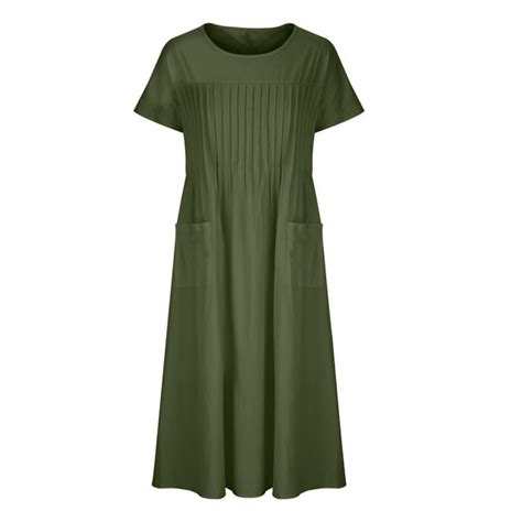 Plus Size Cotton Linen Dresses For Women Short Sleeve Summer Pleated Midi Dress With Pockets
