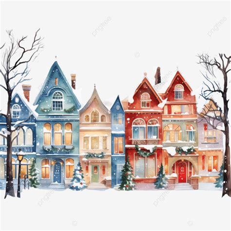 크리스마스 이브의 겨울 도시 풍경 눈이 오는 날 밝고 장식적인 집이 있는 거리 겨울 도시 Png 일러스트 및 이미지 에 대한 무료 다운로드 Pngtree