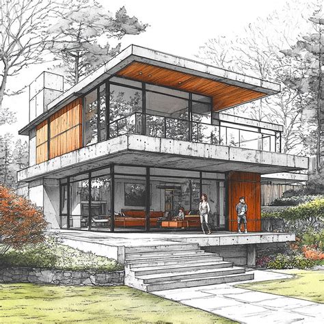 A Pen And Ink Drawing Of The Exterior Front View Showing Two Storeys