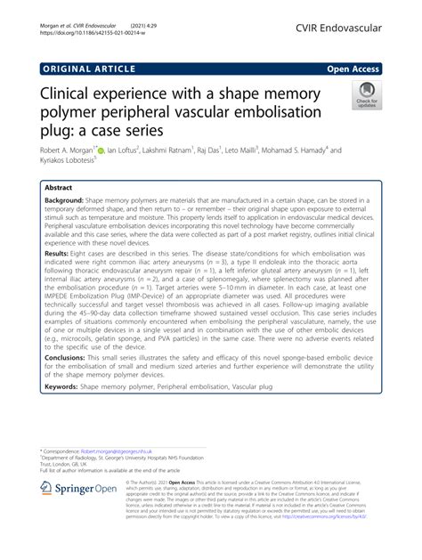 Pdf Clinical Experience With A Shape Memory Polymer Peripheral