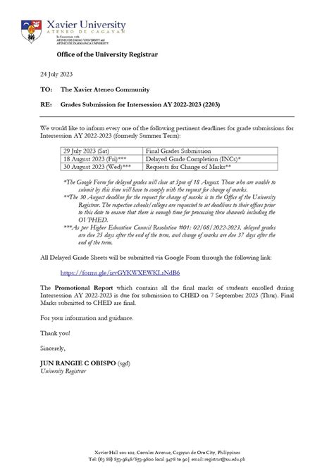 Xavier University Grades Submission For Intersession Ay 2022 2023 2203