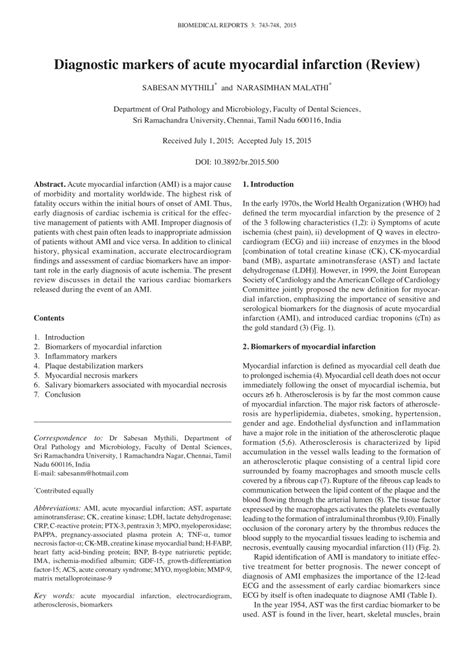 Pdf Diagnostic Markers Of Acute Myocardial Infarction Review