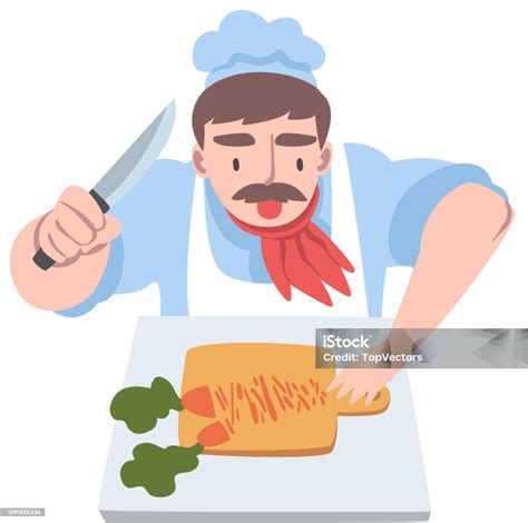나무 보드에 당근을 자르는 요리사 부엌 만화 스타일 벡터 일러스트레이션에서 모자와 앞치마 요리의 요리 캐릭터 독일에 대한 스톡 벡터 아트 및 기타 이미지 Istock