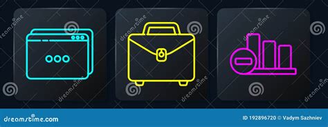 Set Line Website Template Pie Chart Infographic And Briefcase Black Square Button Stock Vector