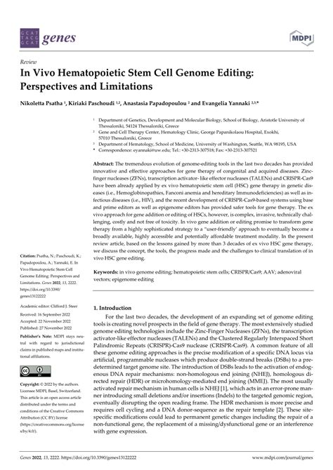 Pdf In Vivo Hematopoietic Stem Cell Genome Editing Perspectives And Limitations