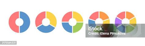 서클 나눗셈 인포그래픽 아이콘 세트입니다 파이 차트는 4 5 6 등분으로 나뉩니다 색깔 반지 또는 도넛 둥근 도표 인포그래픽 휠 세그먼트 및 분수 흰색 배경에 고립 된 벡터