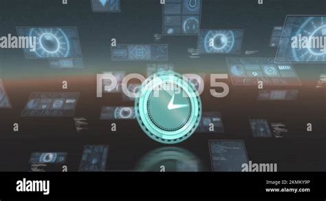 Neon Digital Clock Ticking Against Multiple Round Scanners And Data
