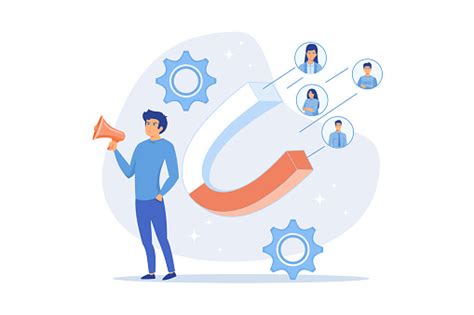 영업 리드 생성 디지털 마케팅 전략 브랜드 인사이트 구축 신규 고객 찾기 콘텐츠 제작 판매 유입 경로 추상 은유 플랫 벡터 모던 일러스트 레이 션 고객에 대한 스톡 벡터