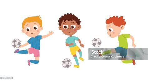 어린 축구 선수 한 소년이 공을 가지고 놀고 있습니다 국제 다른 포즈 벡터 평면 만화 일러스트 절연 소녀에 대한 스톡 벡터 아트 및 기타 이미지 Istock