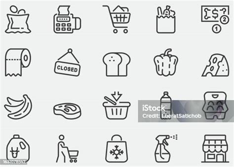 슈퍼마켓 식료품점 식품 음료 야채 과일 생선 고기 유제품 과자 쇠고기 전자 상거래 상점 마케팅 돈 계산원 현금 인출기 식료품점 계산대 상점 선 아이콘 변경에 대한 스톡 벡터