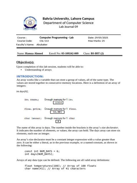 Understanding Arrays In Programming Lab Pdf Integer Computer