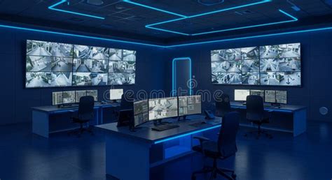 Modern Security Control Room With Multiple Monitors Displaying Real Time Surveillance Data Stock