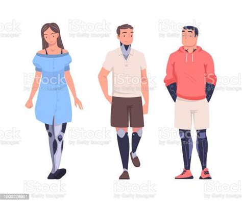 Happy Man And Woman Character With Replaced Robotic Body Part Prosthesis Restoring Normal