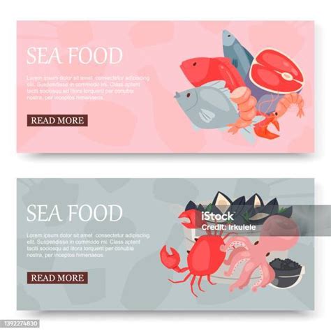 해산물과 물고기 배너 벡터 일러스트 레이 션의 세트 레몬 새우 오징어 문어 게와 참치가 들어간 랍스터를 곁들인 생선 연어 스테이크 레스토랑과 카페를위한 신선한 제품 0명에