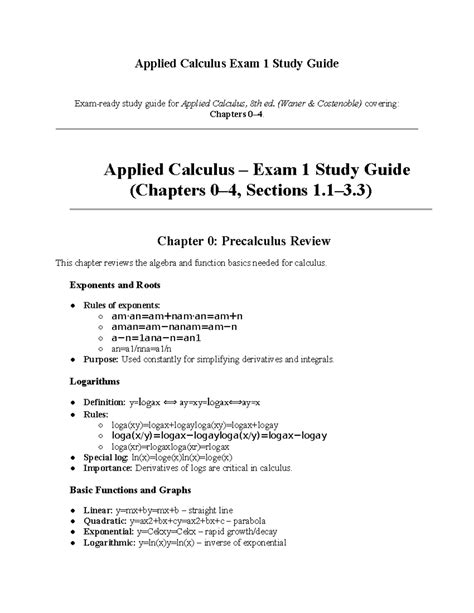 Applied Calculus Exam 1 Study Guide Chapters 0 4 Overview Studocu