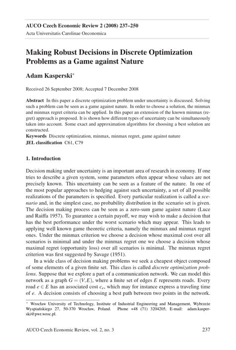 Pdf Making Robust Decisions In Discrete Optimization Problems As A Game Against Nature
