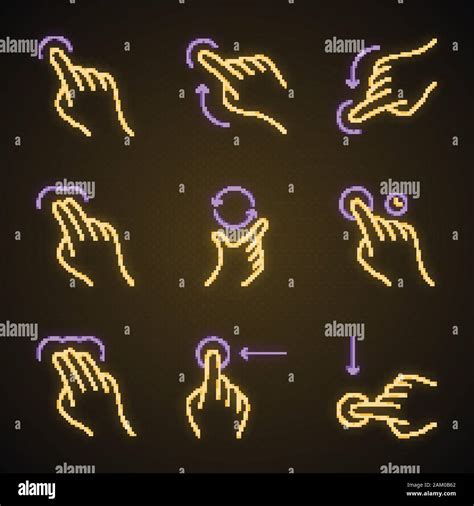 Touchscreen Gestures Neon Light Icons Set Tap Point Click X Tap Drag Double Click