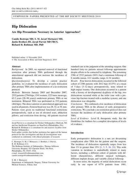Pdf Hip Dislocation Are Hip Precautions Necessary In Anterior Approaches