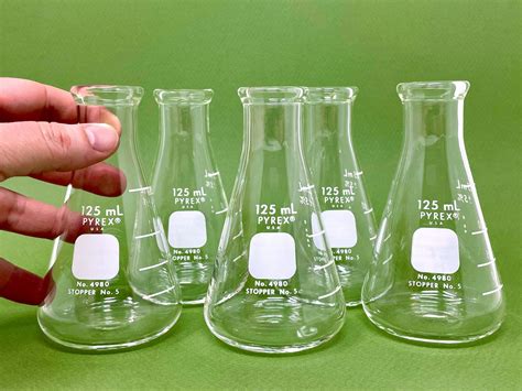 Set Of Five Ml Pyrex Conical Flask Vintage Scientific Laboratory Glassware Erlenmeyer