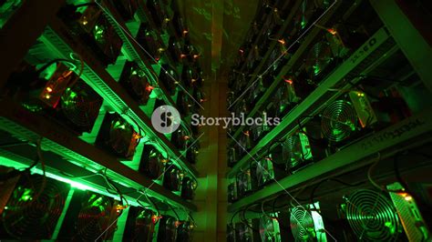 Bitcoin Miners In Large Farm Asic Mining Equipment On Stand Racks Mine Cryptocurrency In Steel