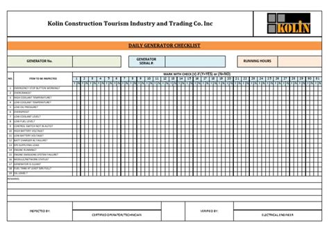 Generator Inspection Checklist Template