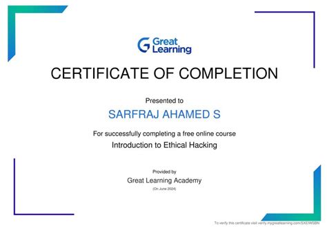 completed introduction to ethical hacking course by great learning sarfraj ahamed s posted
