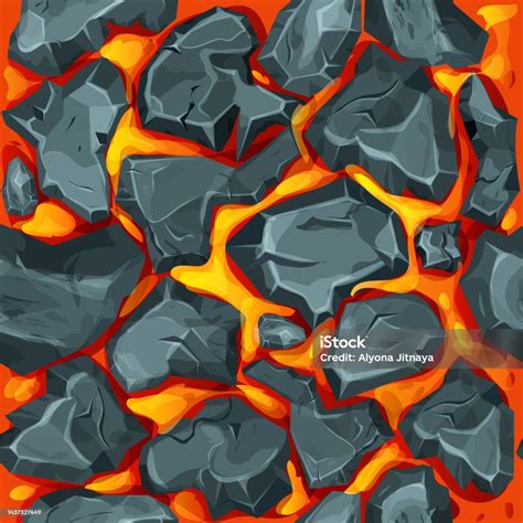 Lava Magma With Stones In Cartoon Style Seamless Pattern Background Eruption Effect Landscape