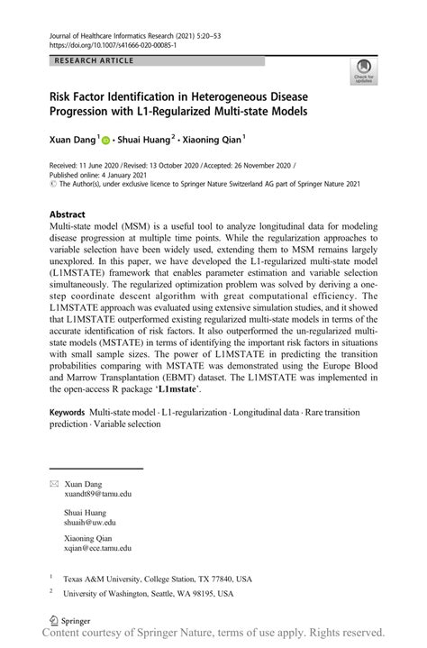 Risk Factor Identification In Heterogeneous Disease Progression With L1 Regularized Multi State