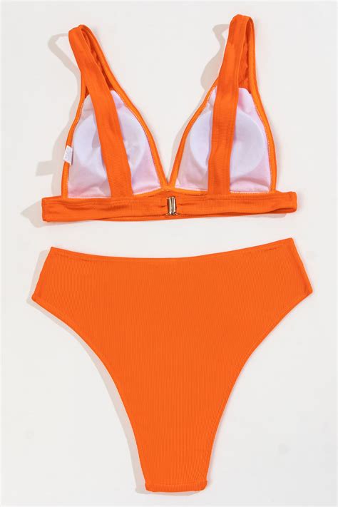 Solid Color Deep V High Waist Bikini Set
