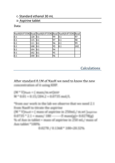 Solution Lab Procedure For Determination Of Aspirin Purity Through Acid Base Titration Using
