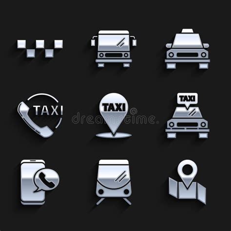 set map pointer with taxi tram and railway folded map location marker