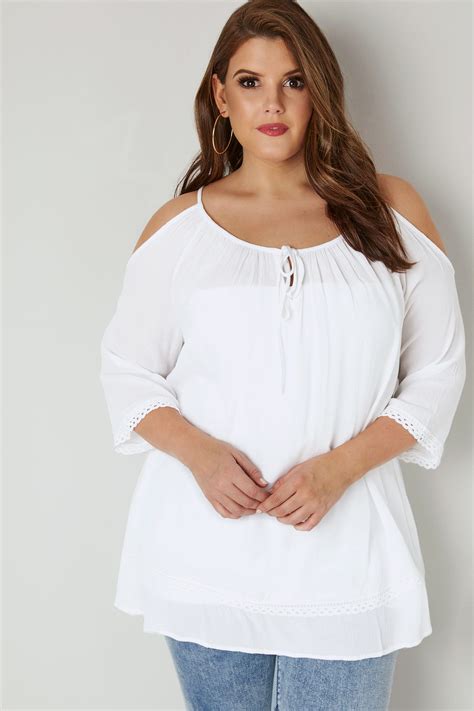 White Cold Shoulder Top With Lace Trim Plus Size 16 To 36