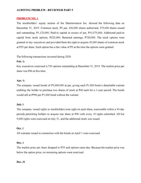 Auditing Problem Reviewer Part 5 Problem No 1 The Stockholders