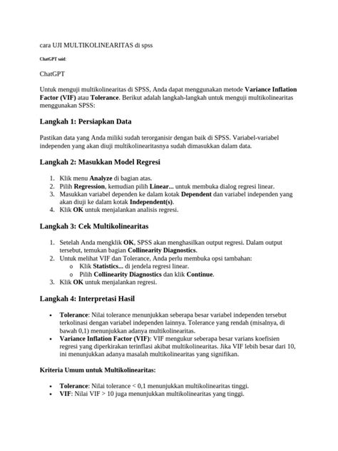 Cara Uji Multikolinearitas Di Spss Pdf