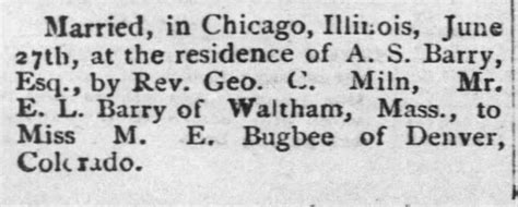 Bugbee Mary Evelyn Marries El Barry Of Waltham In Chicago 1881
