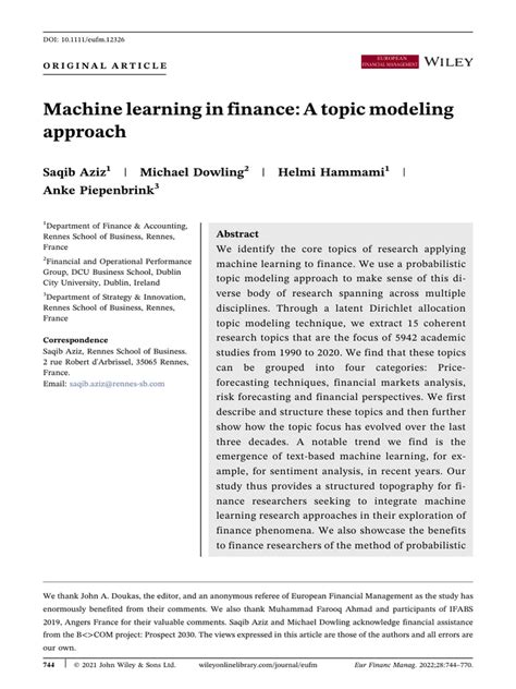 euro fin management 2021 aziz machine learning in finance a topic modeling approach pdf
