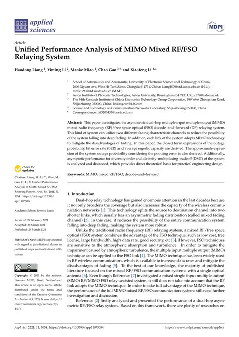 Pdf Unified Performance Analysis Of Mimo Mixed Rffso Relaying System