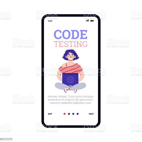 소프트웨어의 응용 프로그램 개발 또는 코드 테스트를 수행하는 여성 프로그래머 개념에 대한 스톡 벡터 아트 및 기타 이미지