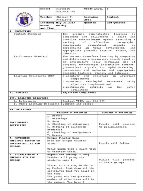 Adjective Complement Lesson Plan 22 Pdf Adjective Teachers