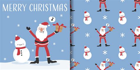 크리스마스 휴일 배너와 선물 상자를 들고 산타 클로스와 눈송이와 함께 하늘색 배경에 빨간 스카프를 착용 한 귀여운 눈사람의 완벽 한 패턴 12월에 대한 스톡 벡터 아트 및
