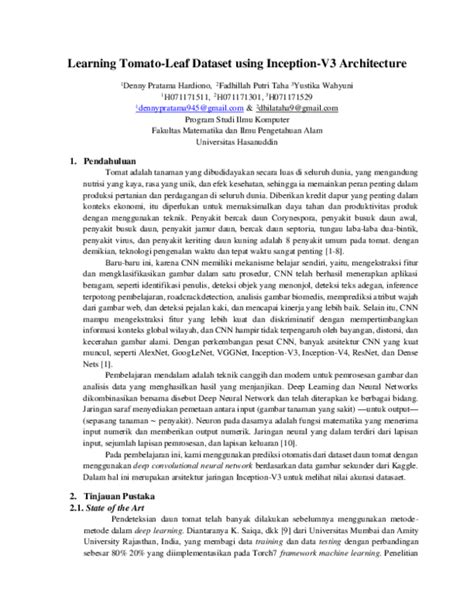 Pdf Learning Tomato Leaf Dataset Using Inception V3 Architecture With Phyton